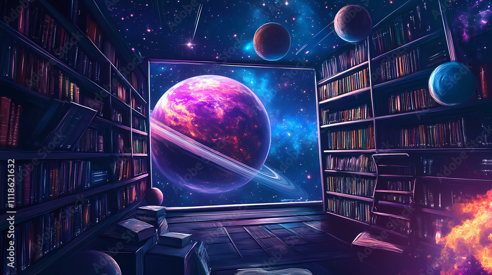 Expansive space library with bookshelves and planets, starry background ...