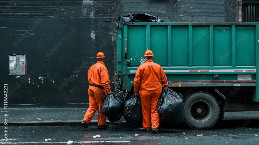 Two garbage collectors in orange uniforms, carrying black plastic bags ...