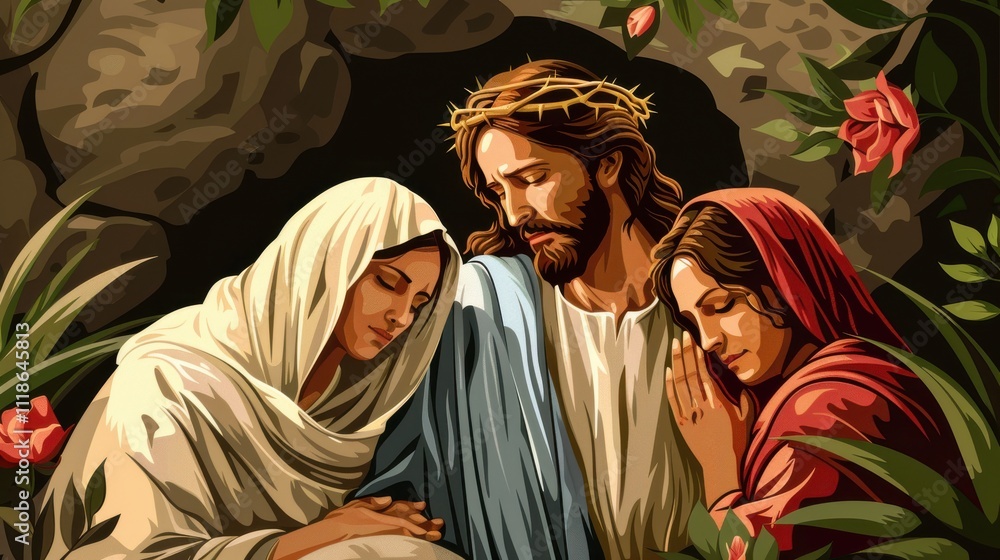 Detailed vector of Jesus comforting Mary and Martha at Lazarus' tomb ...