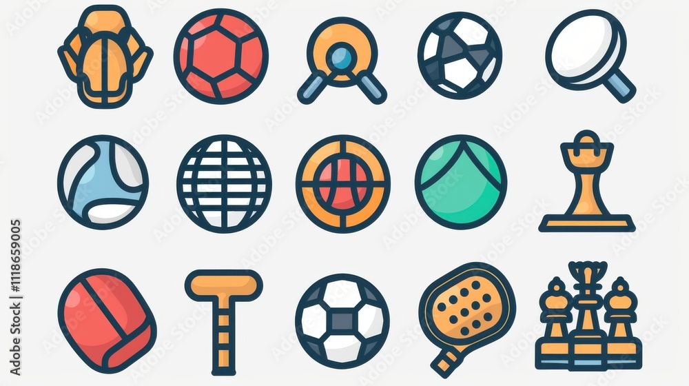 Editable line icon set of sports symbols, including football, cricket ...