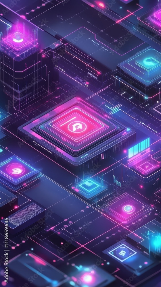 Neon Circuitry: A futuristic digital landscape composed of glowing ...