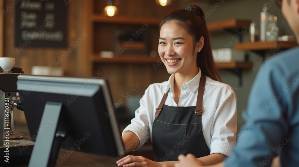 Portrait of Young Woman Working in Café with Modern POS System – High ...