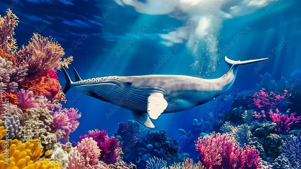 A young, majestic whale gracefully explores coral reefs bursting with ...