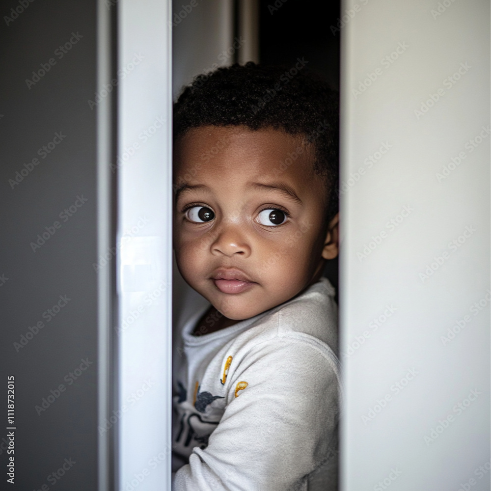A 4 year old black south african boy hiding behind chest freezer in the ...