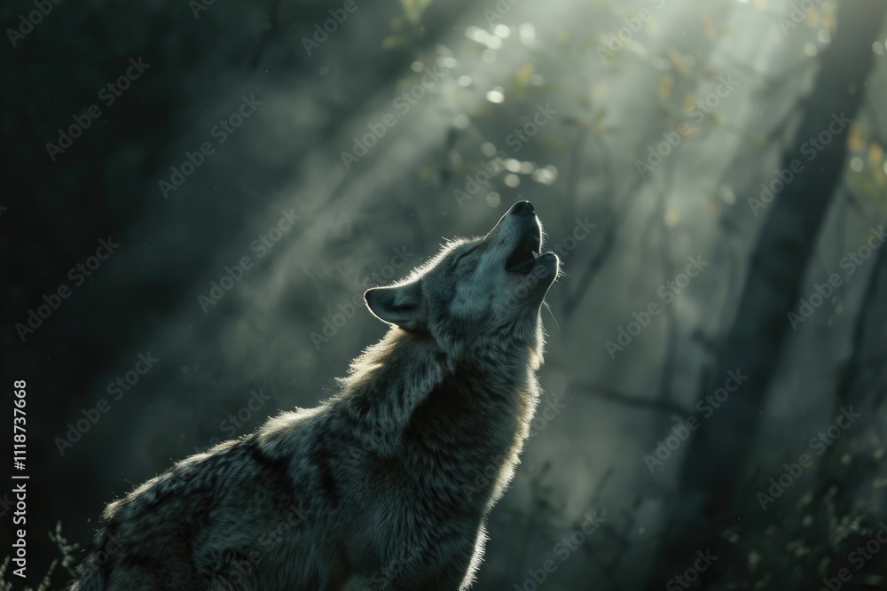 Wolf howling Backlit Grey Wolf howling against a background of dark ...
