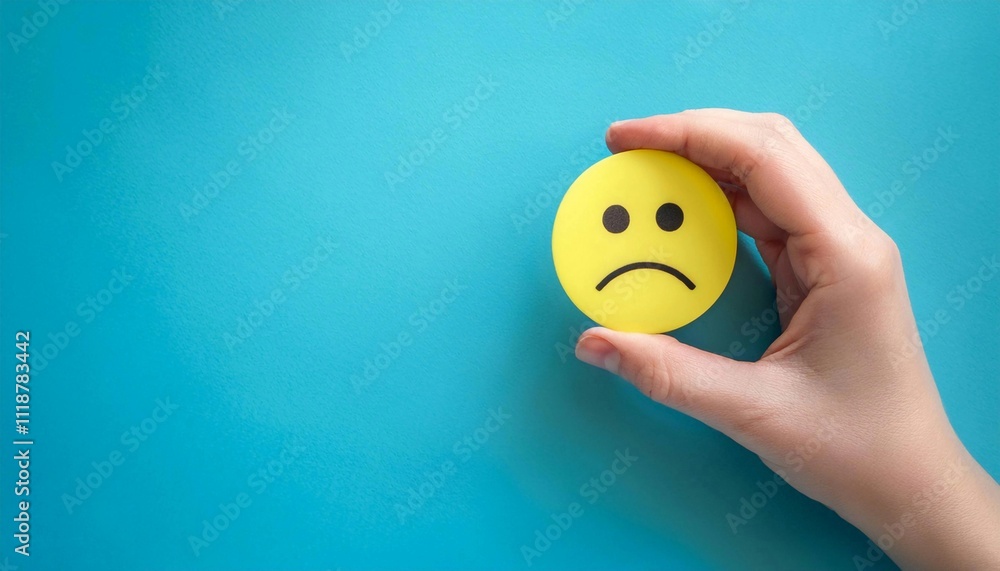 Sad face emoji on a blue background. A hand holds a sad face emoji on a ...
