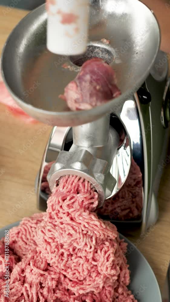 Vertical: using a home electric grinder to make crushed meat. The ...