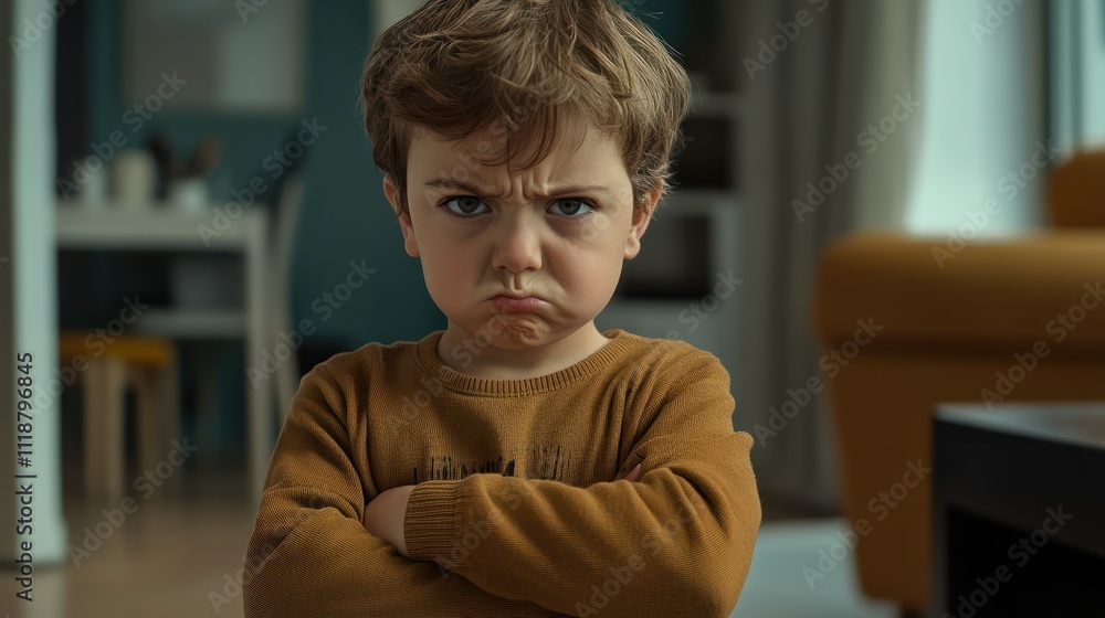 Mad male kid, angry little boy standing with his arms crossed, and ...