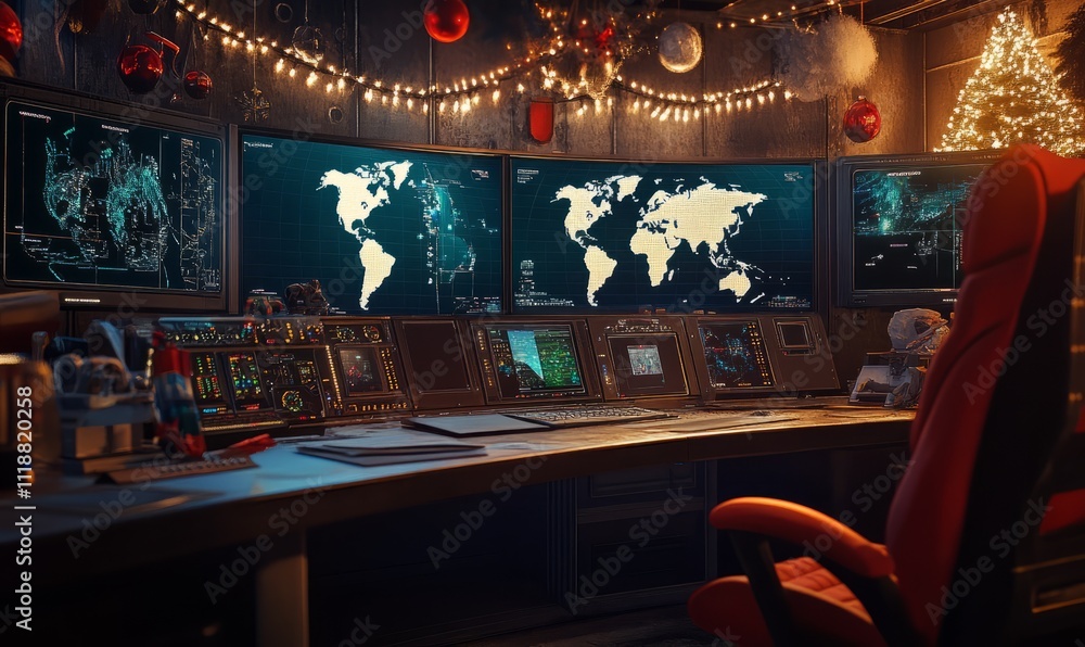 Santa's high-tech control room with holographic displays showing the ...