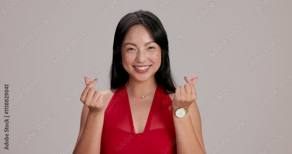 Woman, face and finger hearts in studio with smile, fashion and ...