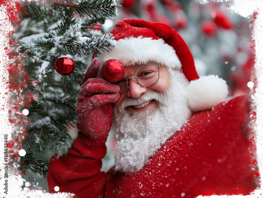 Jolly Santa Claus posing near a snow-covered Christmas tree, holding a ...
