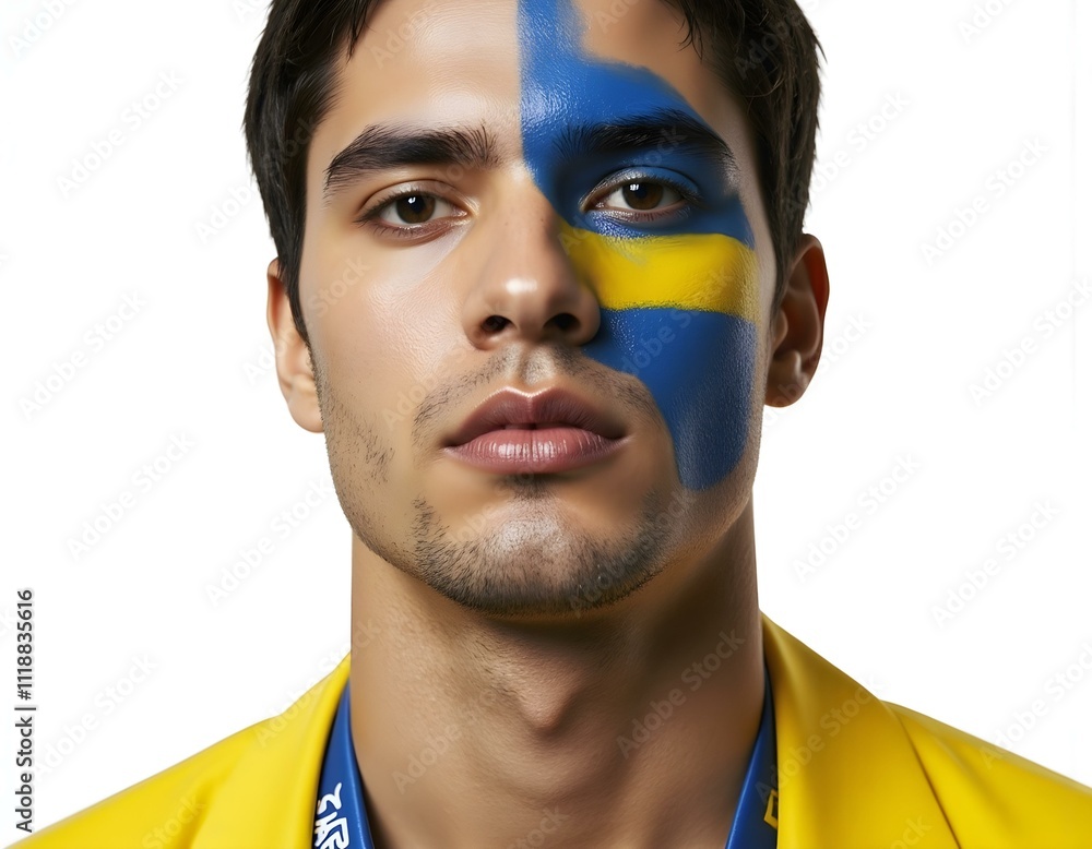 Photo & Art Print Handsome man supporter loyal fan of Sweden national ...