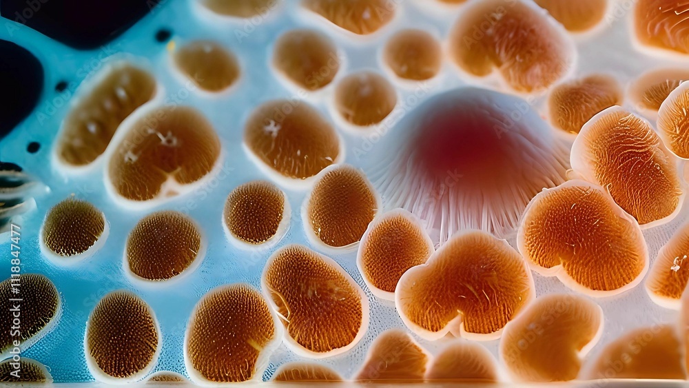 Microscopic Image of Orange Spores with Red Core and Blue Network Stock ...