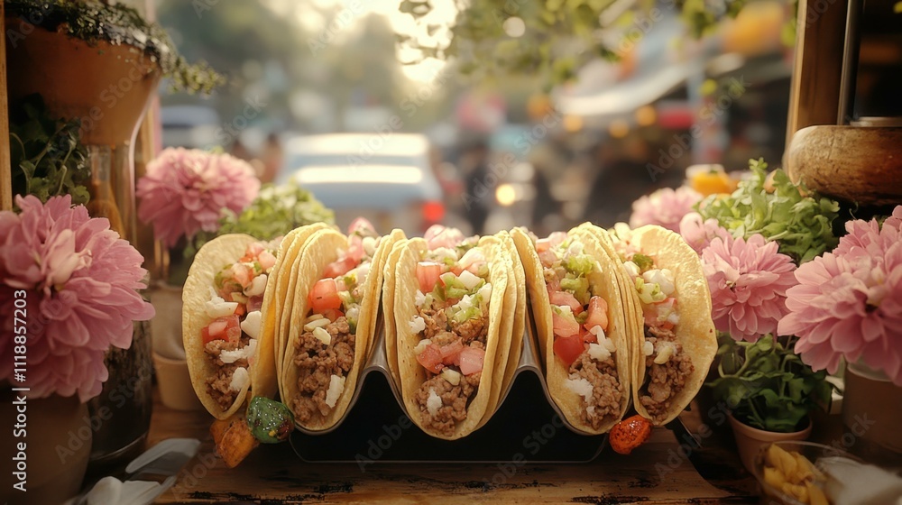 Suburban Street Food Scenes A mobile taco stand dishing out flavorful ...