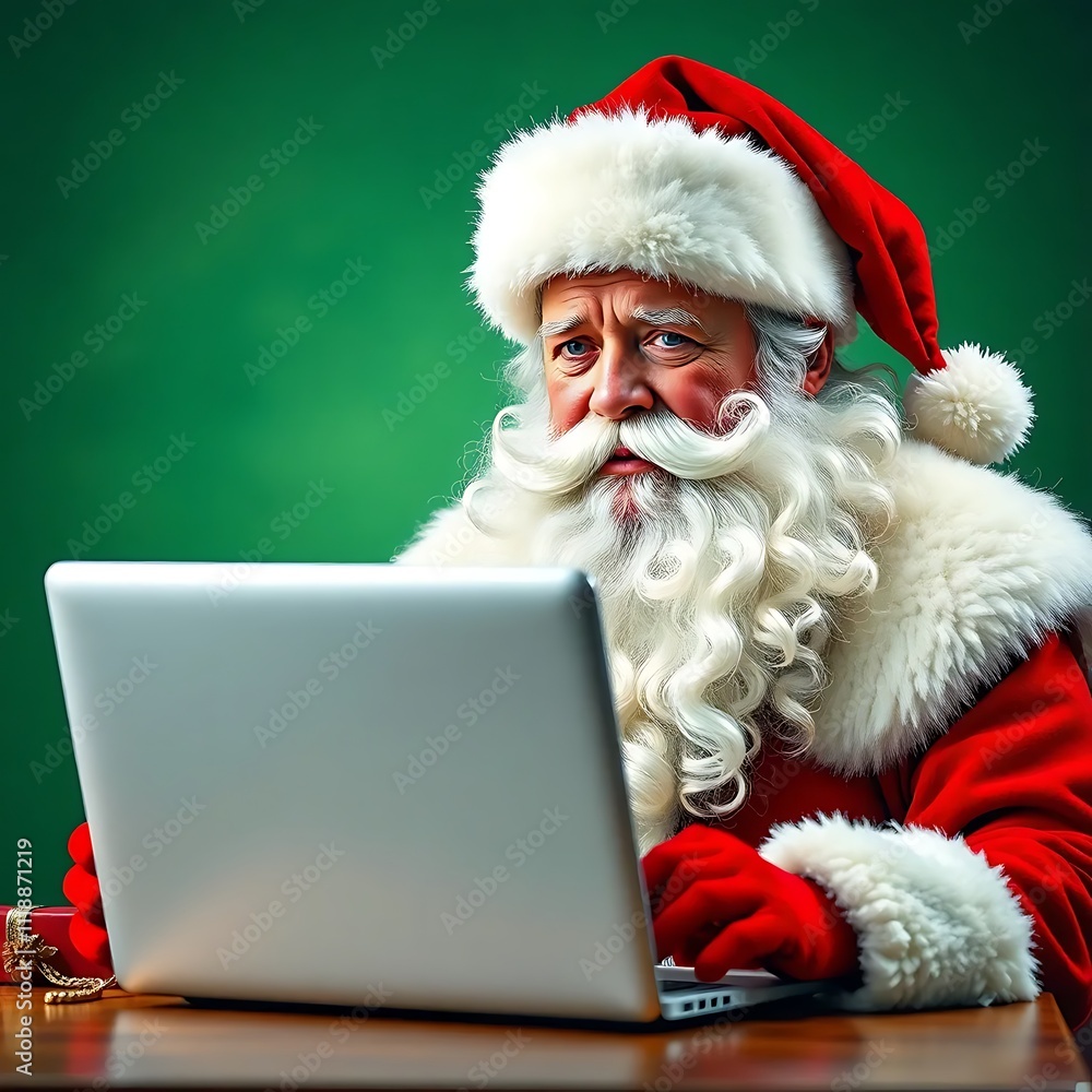 worried Santa Claus using a laptop, capturing the contrast between ...