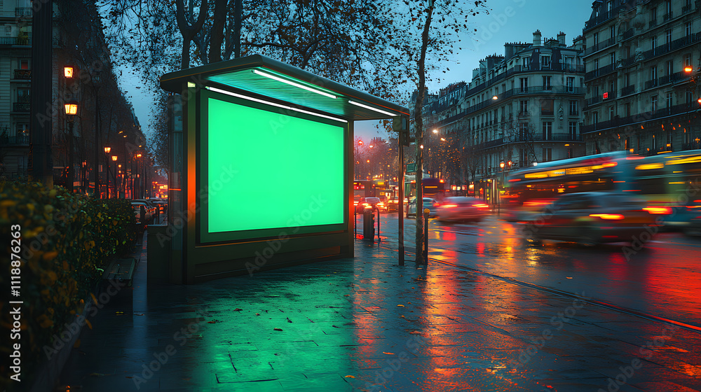 A blank green screen billboard on the side of an empty bus stop in ...