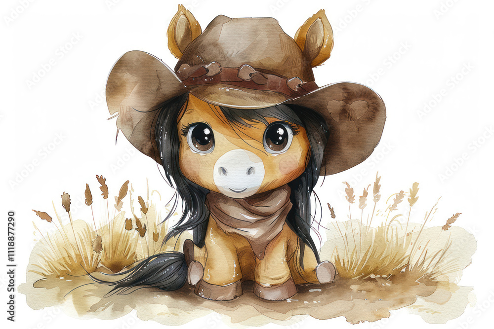 cute cartoon pony in watercolor drawing style. The pony is wearing a ...