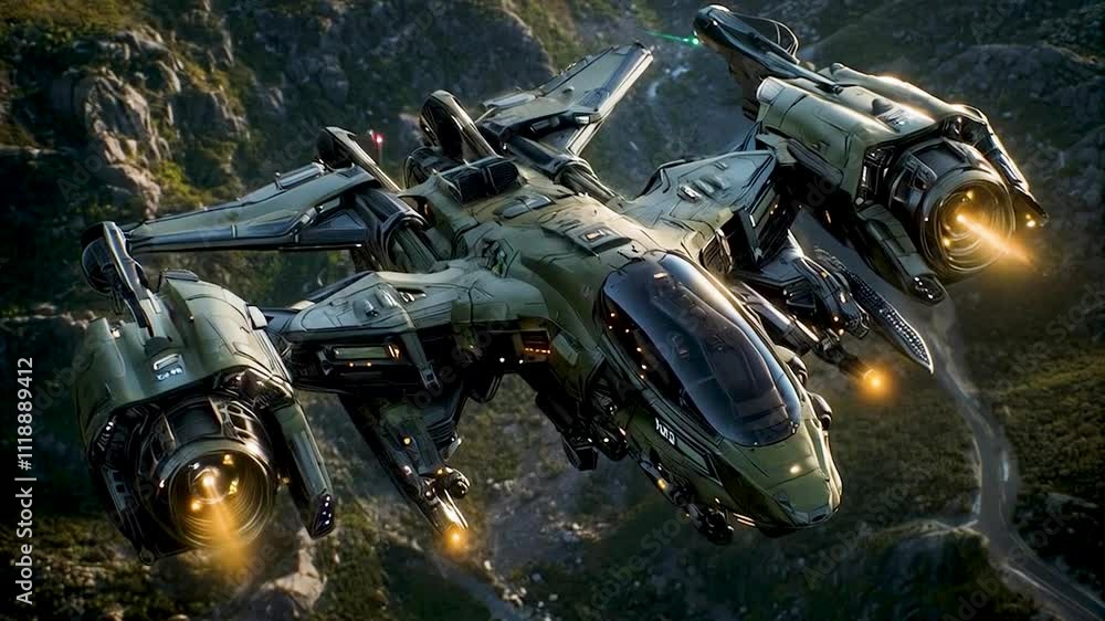 A sleek military spacecraft hovers above rugged mountains, showcasing ...