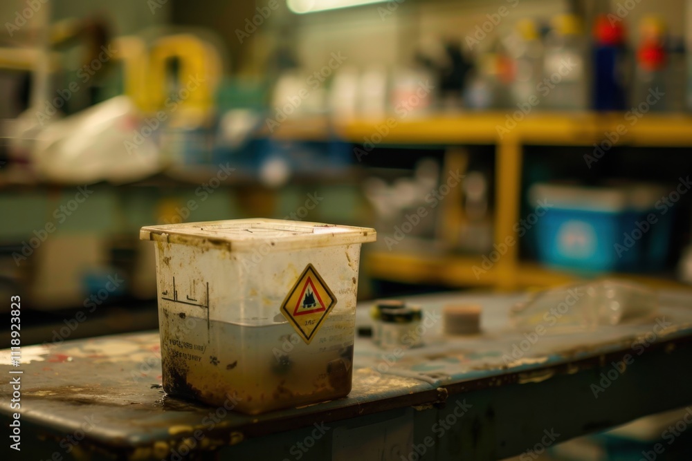 Chemical hazard photograph in laboratory setting with reaction setups ...