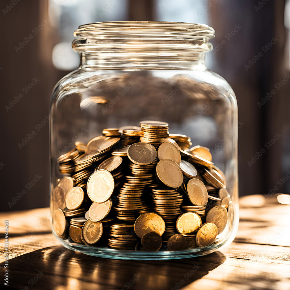 A transparent glass jar filled with stacks of sparkling coins, creates ...