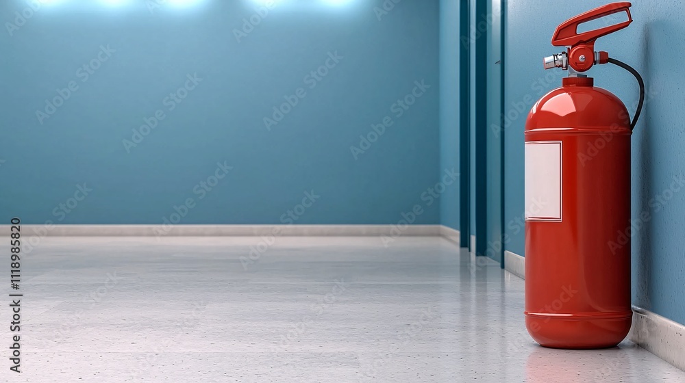 Fire alarm safety response concept. Red fire extinguisher positioned in ...
