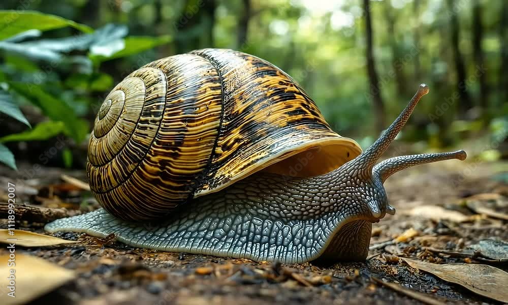 4K Realistic Giant African Land Snail Crawling Over Forest Floor, Slime ...