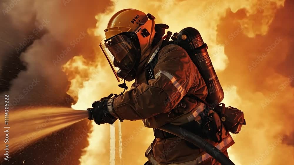 A firefighter is engaged in a challenging situation, fighting fierce ...