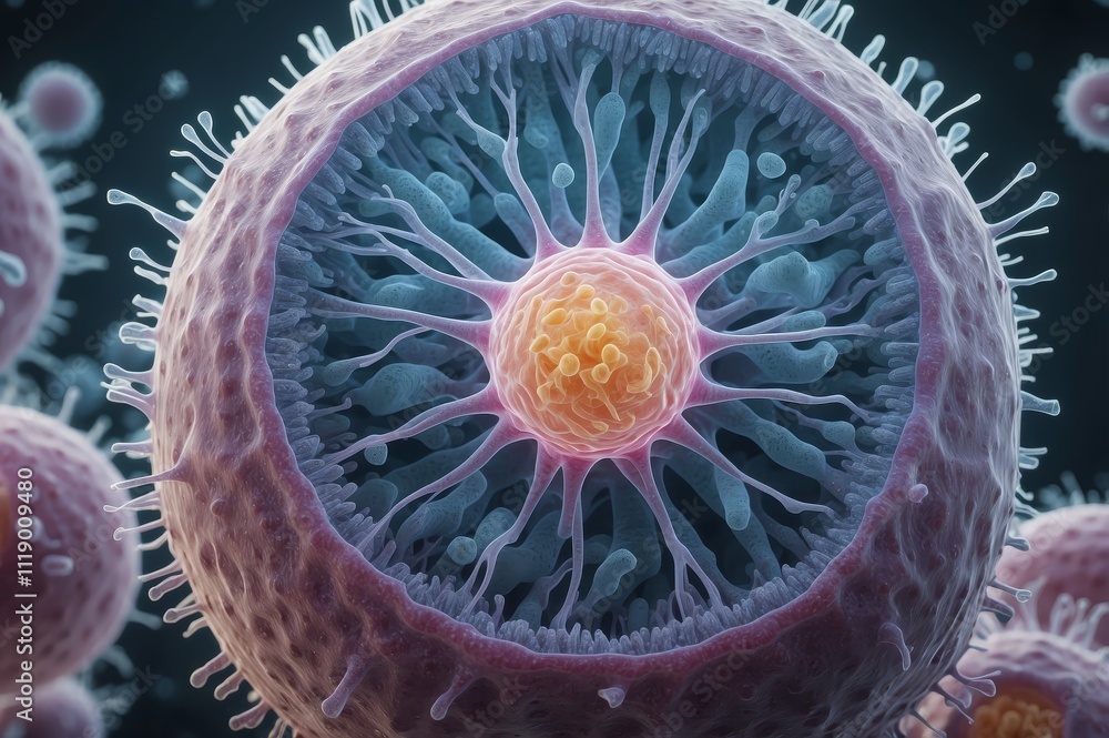 Microscopic view of a cell with intricate internal structures and ...