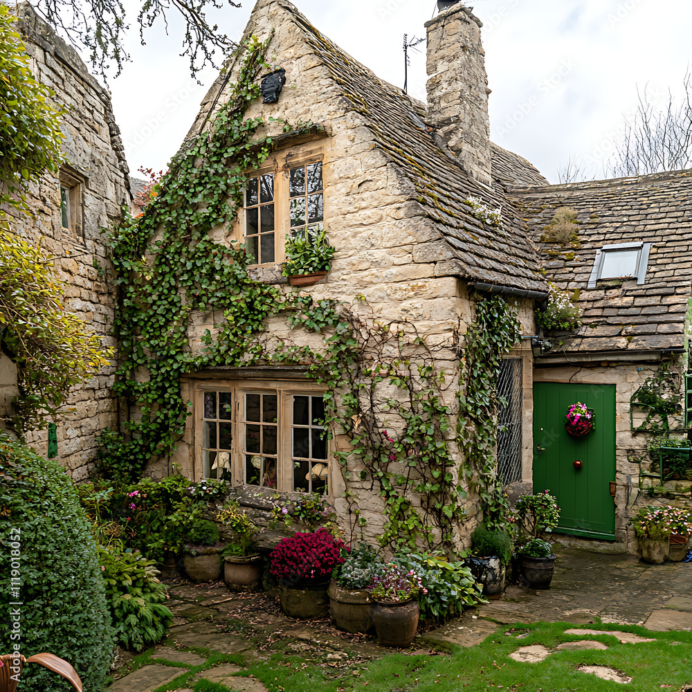 A quaint medieval stone cottage with ivy creeping up the walls and a ...