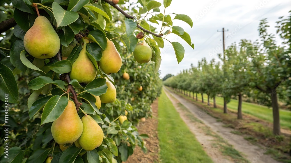 A pear tree with ripe fruits, with dwarf apple trees in an orchard in ...