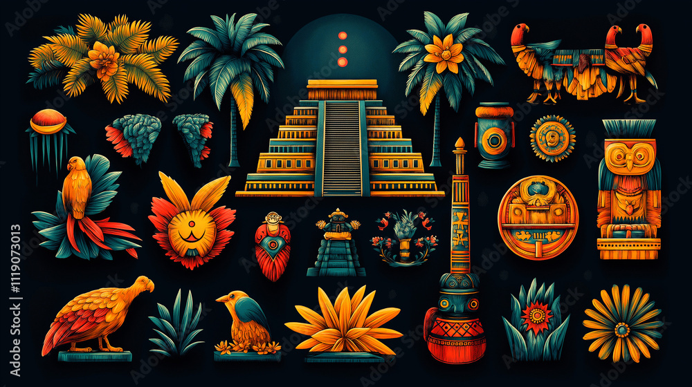 Colorful depictions of indigenous symbols and imagery, evoking a sense ...