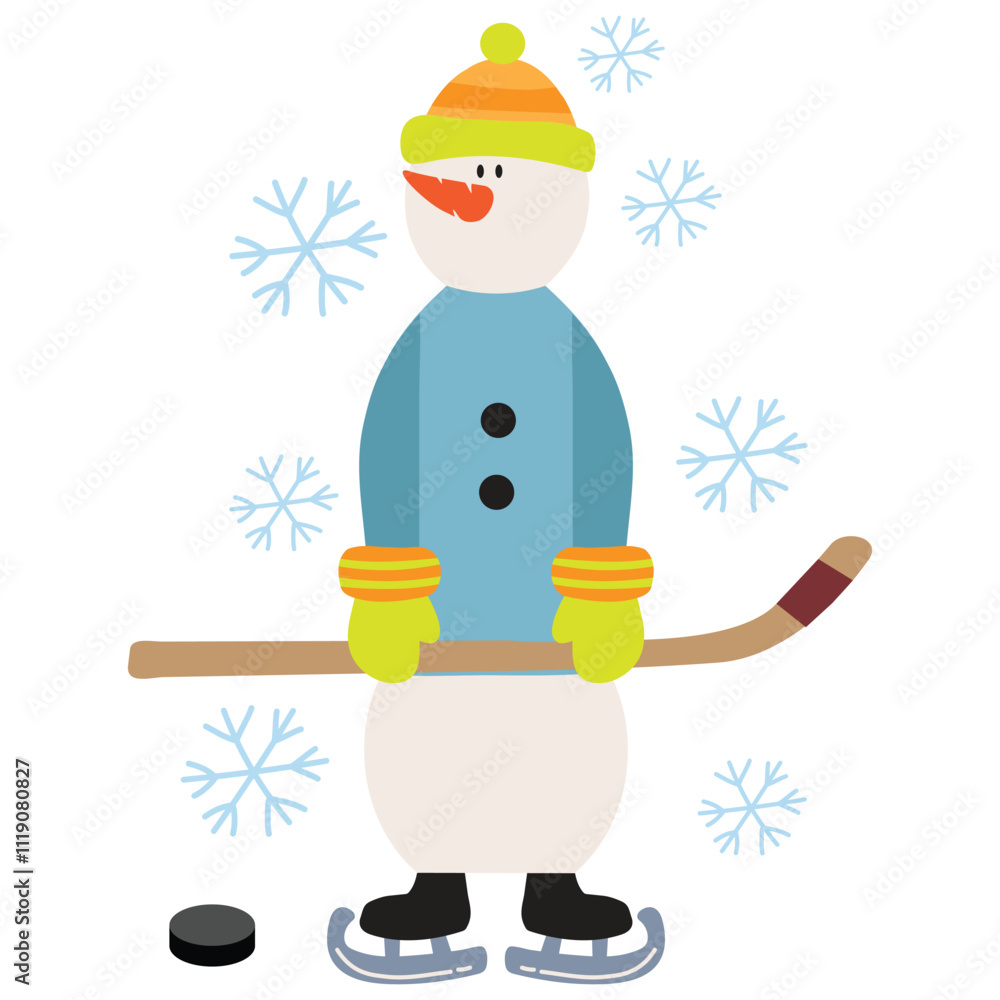 Snowman with stick and puck playing ice hockey vector cartoon ...