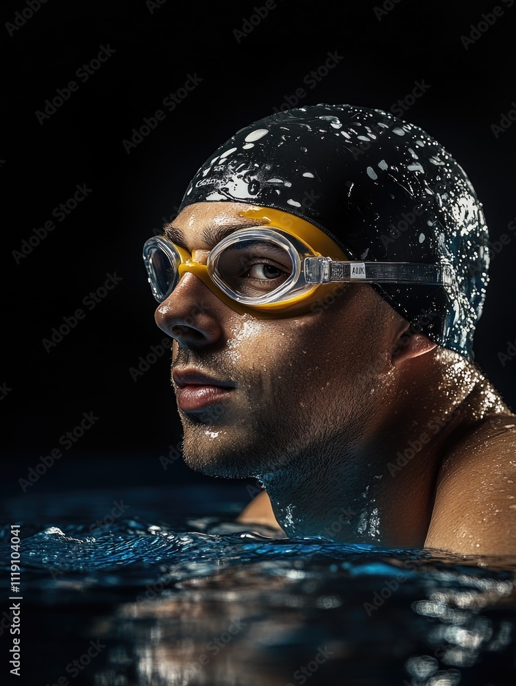 Male athlete swimmer in goggles and cap posing in swimming pool over a ...