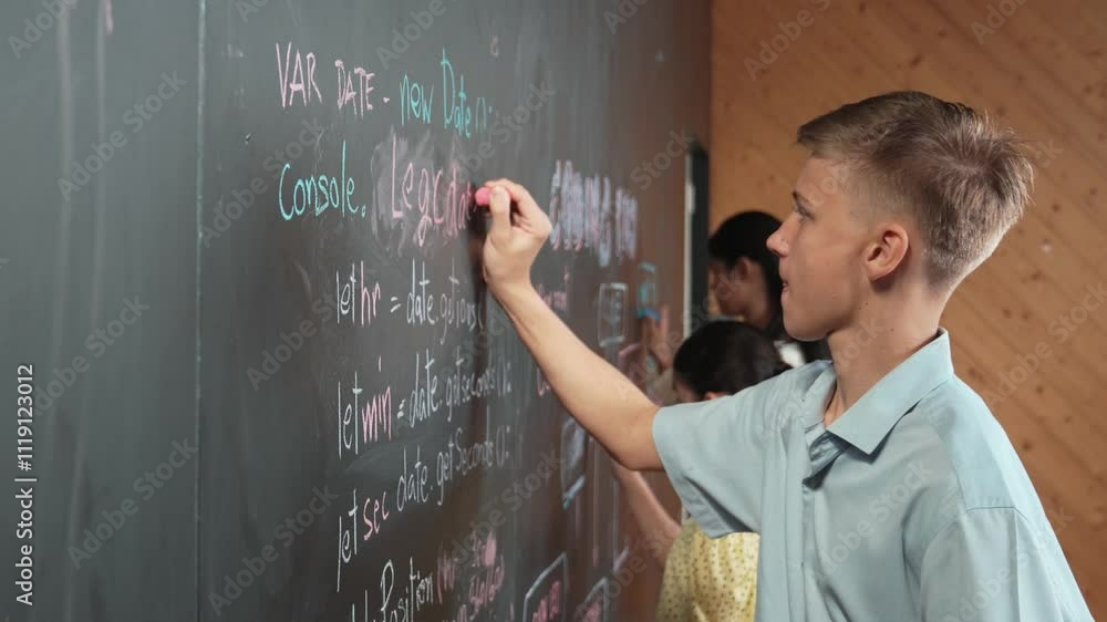 Site view of boy writing code on blackboard with diverse friend. Group ...