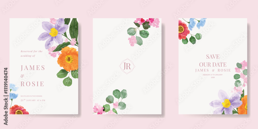 Elegant wedding invitation card background vector. Minimal hand painted ...