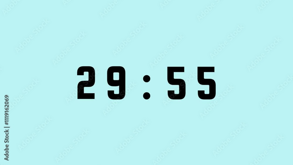 30-Minute Digital Countdown Timer from 30:00 to 0:00 second,on sky blue ...