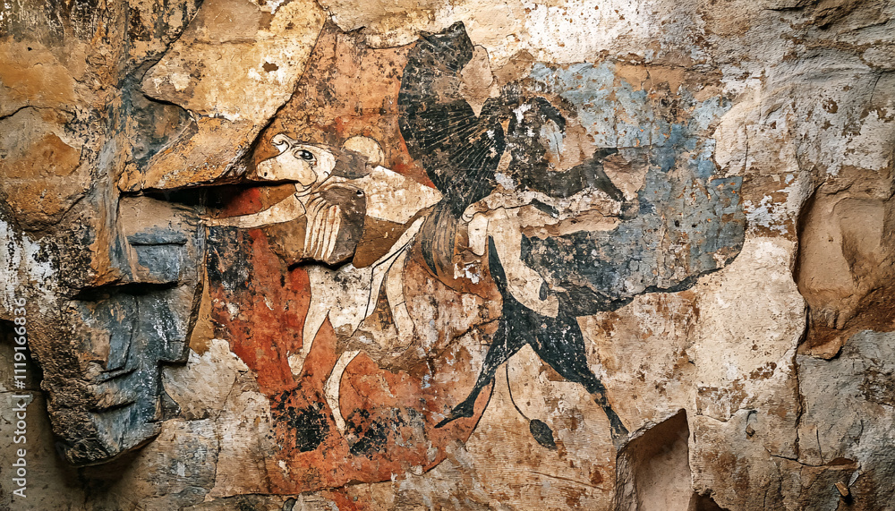 Ancient petroglyphs carved into rock, Archaeological pre-historic human ...