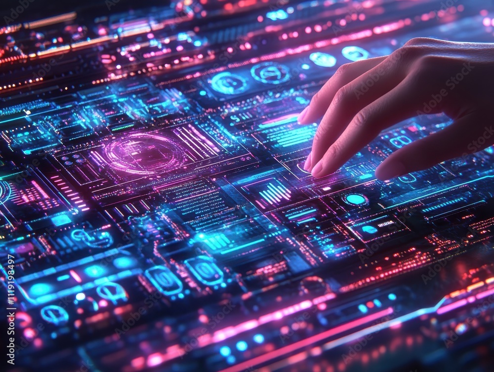 A software developer designing a groundbreaking app interface, theme of ... A software developer designing a groundbreaking app interface, theme of ...