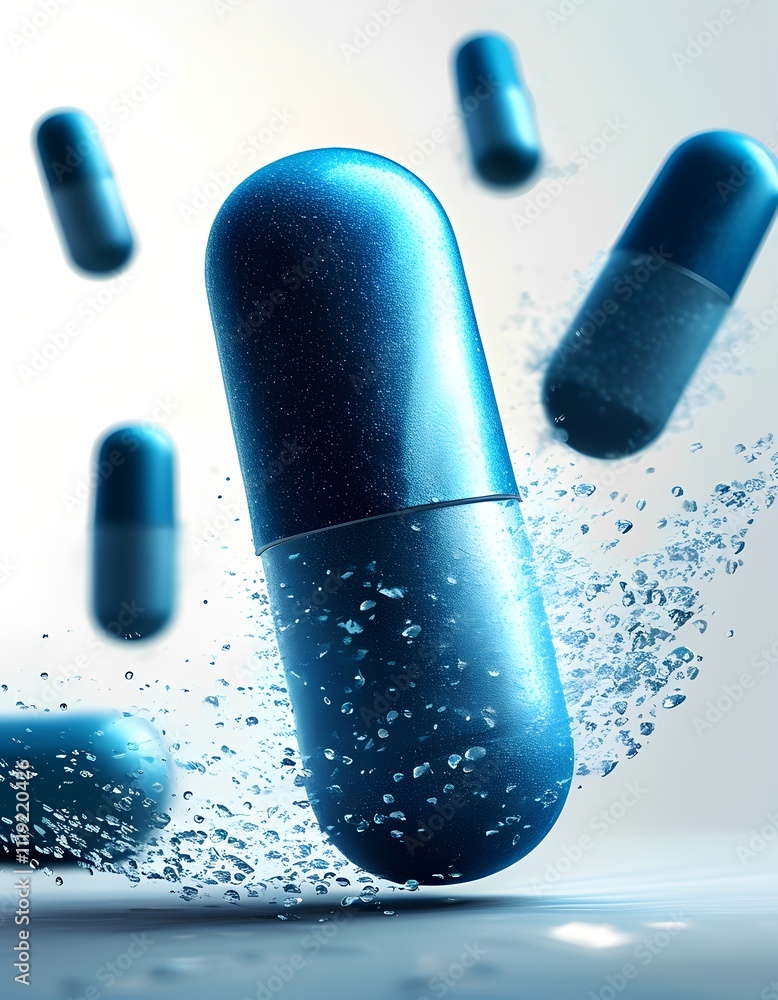 Blue effervescent capsules dissolving against a light background Stock ...