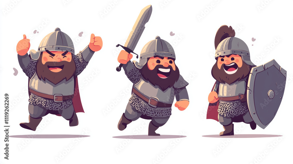 Cute knight character emotions isolated on background. Vector ...