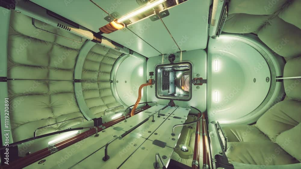 The interior of a space station module features compact sleeping spaces ...