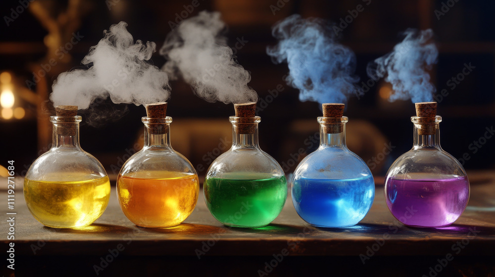 Laboratory potion bottle animation cartoon game icon. Chemical witch ...