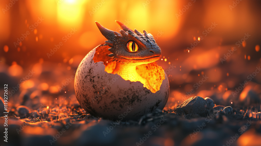 A dragon hatching from a cracked egg, its tiny form radiating warmth ...