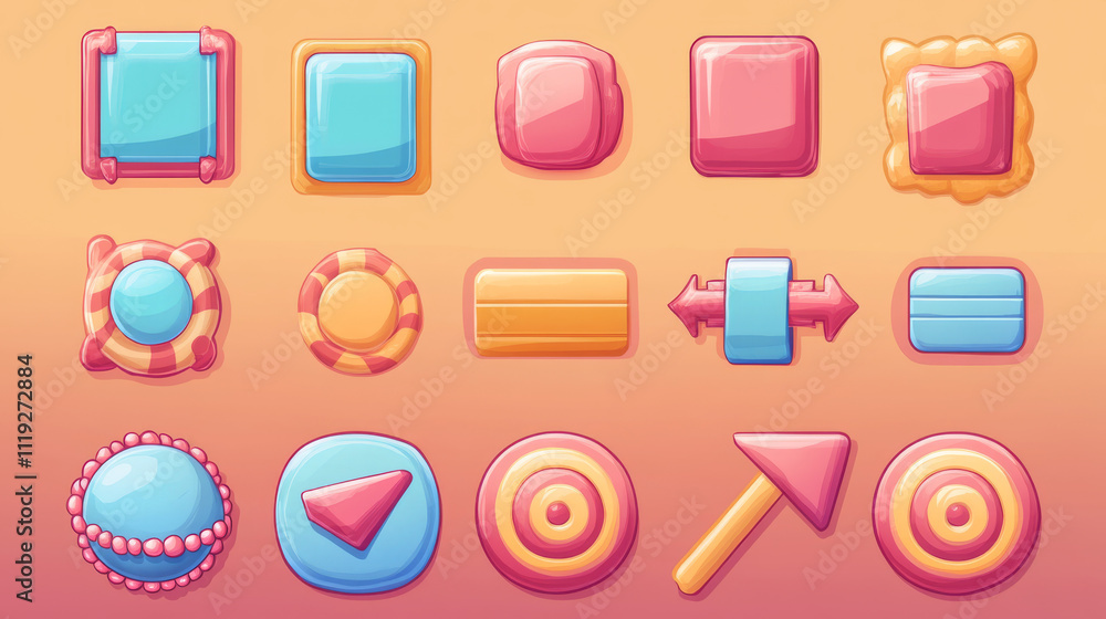 ภาพประกอบสต็อก Candy game ui buttons set isolated on black background ...