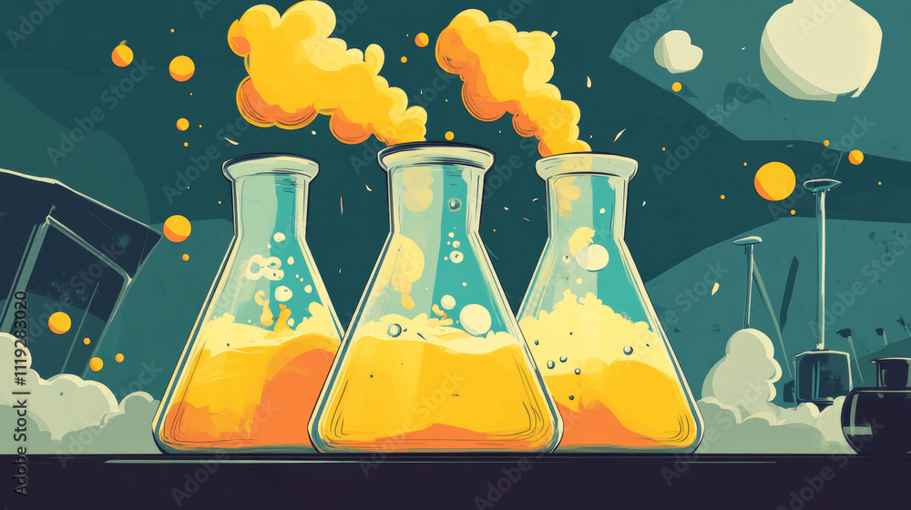 Stages of chemical reaction in lab flask, science experiment with ...