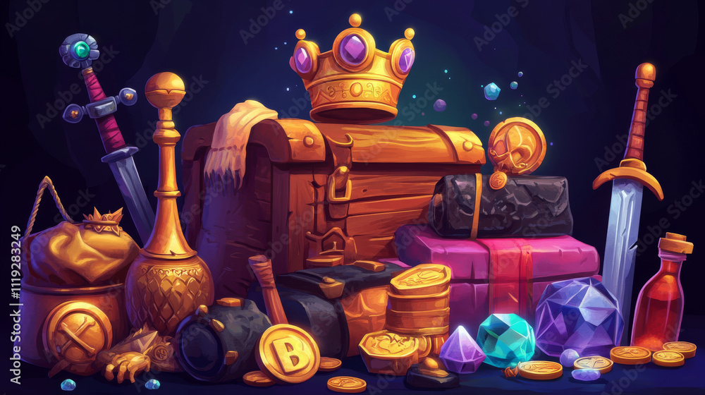 Treasure, magic items golden coins, crystal gems, crown, sword and gold ...