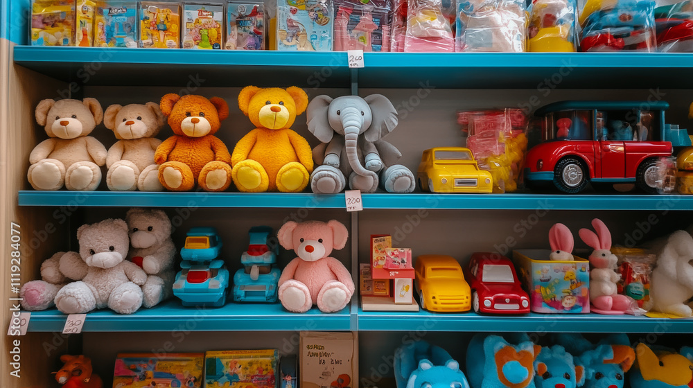 Kid toy shop interior shelf game vector cartoon illustration. Baby gift ...