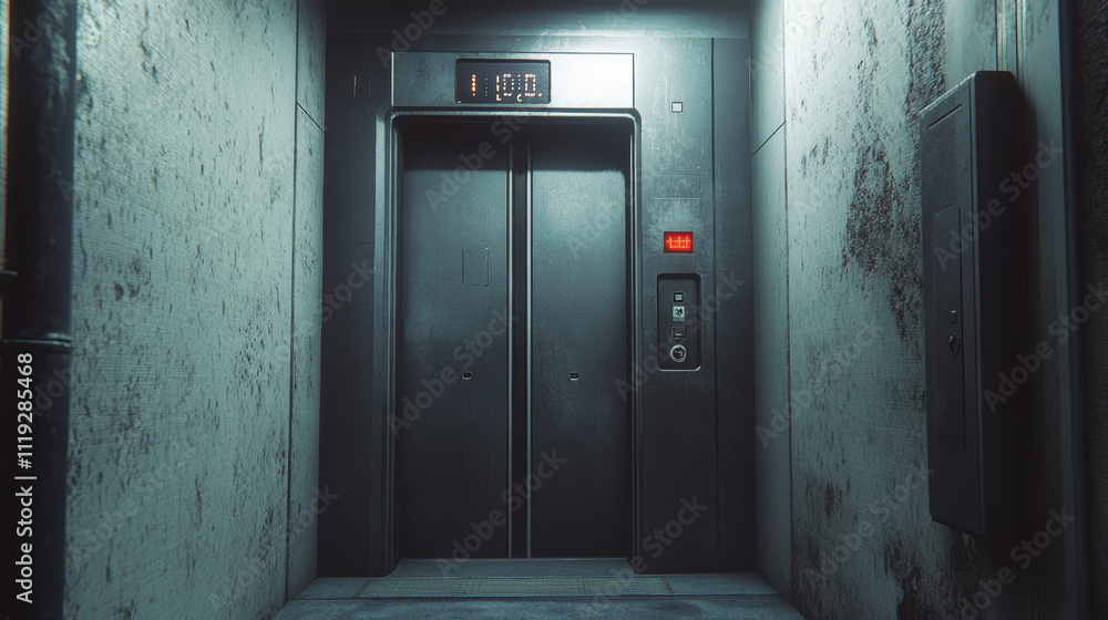 Empty elevator cabin with closed steel doors inside view. Vector ...