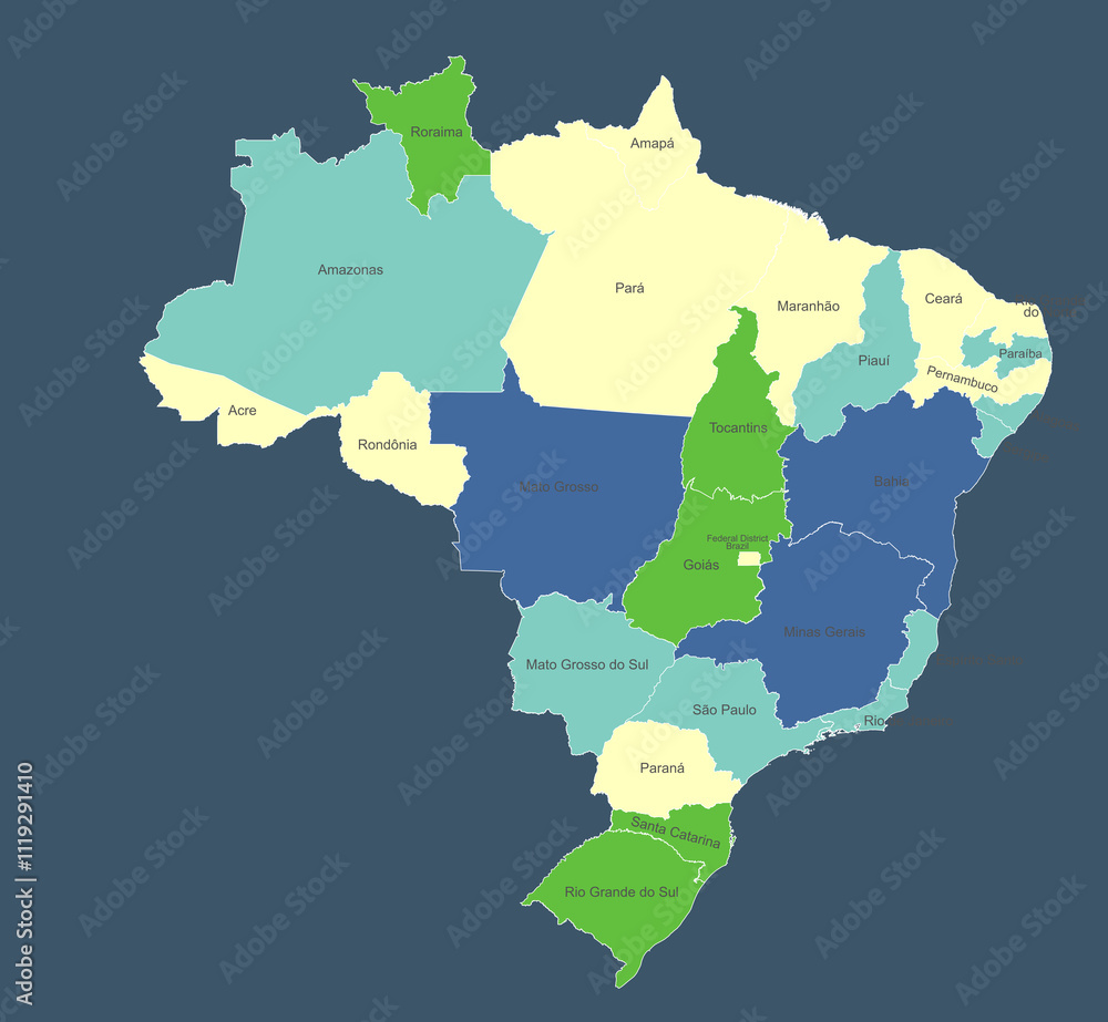 Poster Map of brazil Highlighting Region with Labeled Provincess – Wall ...