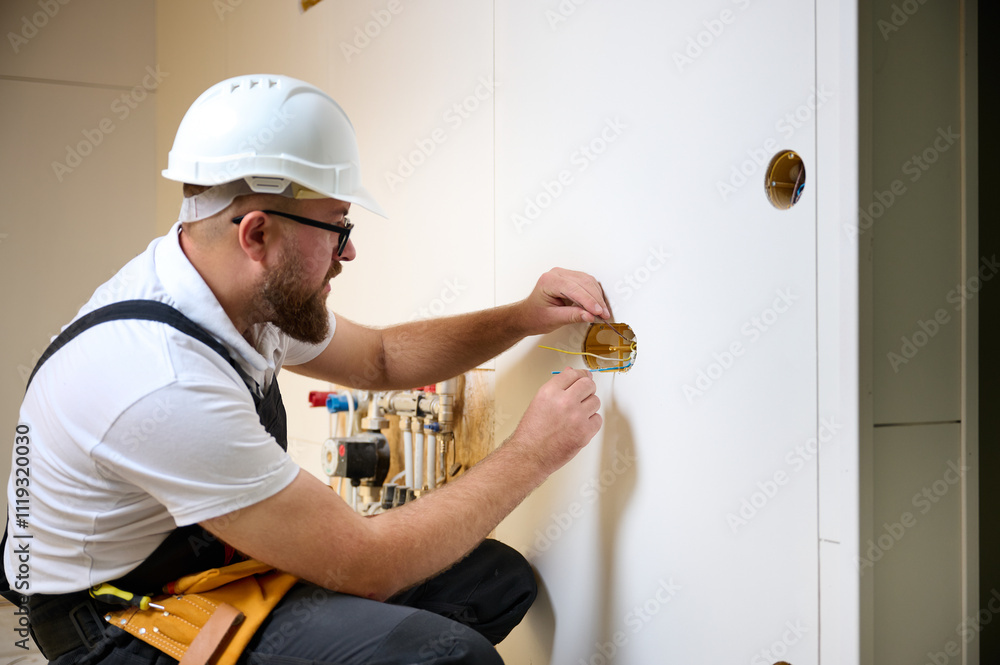 Builder installing electric socket in new apartment. Installing ...